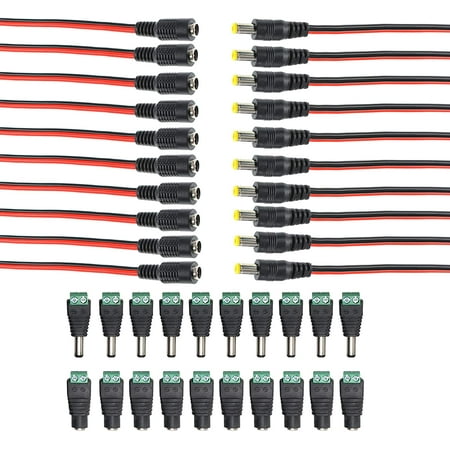 10 Pairs 2.1mm x 5.5 mm DC Power Jack Plug Adapter Connector + 10 Pairs DC Power Pigtail Cable ...