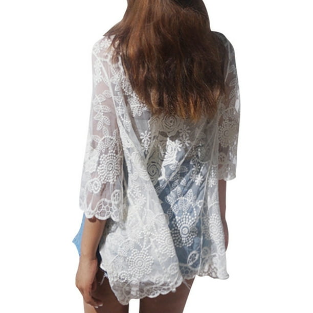 Women Lace Open Front Kimono Cardigan Crochet Floral Sheer Mesh Beach ...