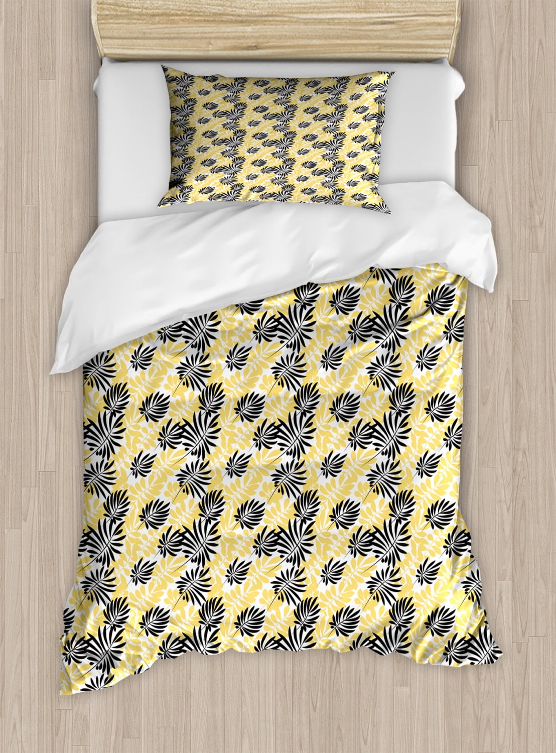 Yellow and Black Duvet Cover Set Twin Size, Foliage Leaves Pattern ...