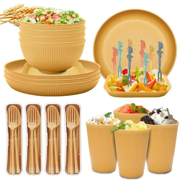 48pcs Wheat Straw Dinnerware Sets – Reusable Unbreakable Dinnerware Set ...