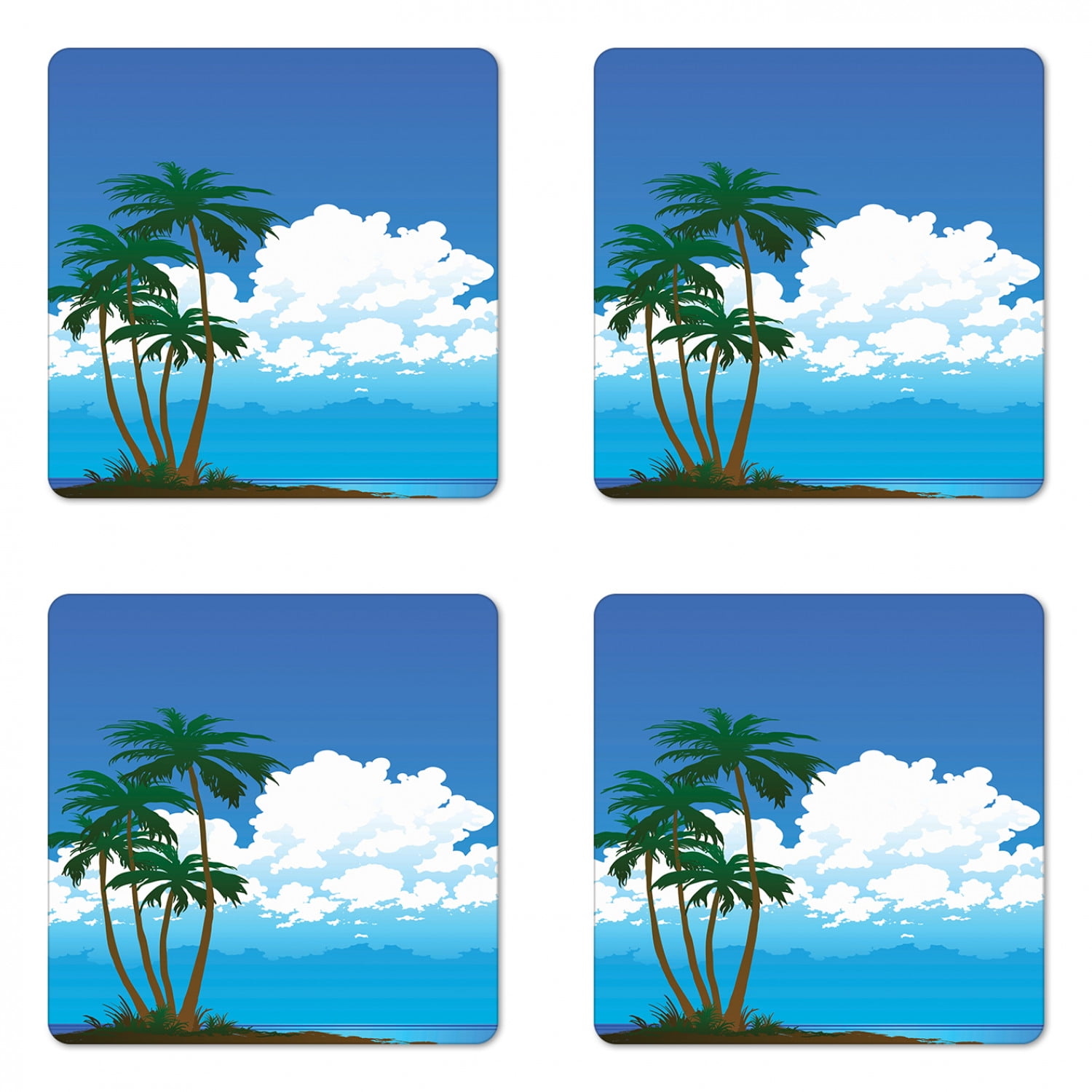 Tropical Coaster Set of 4, Holiday Island with Exotic Palm Trees with ...