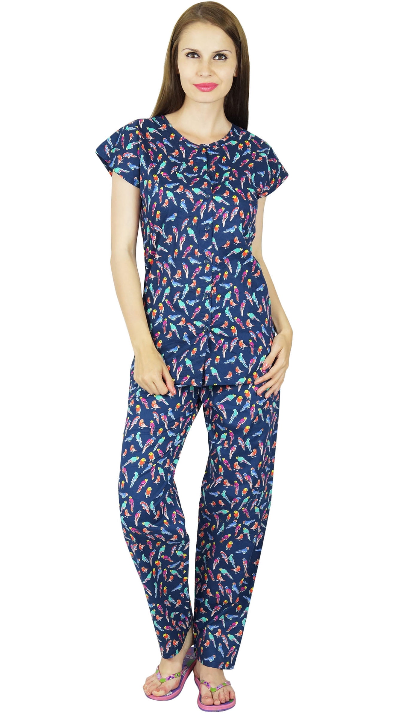 Bimba Women Cotton Night Wear Pajama Set Short Sleeve Shirt with ...