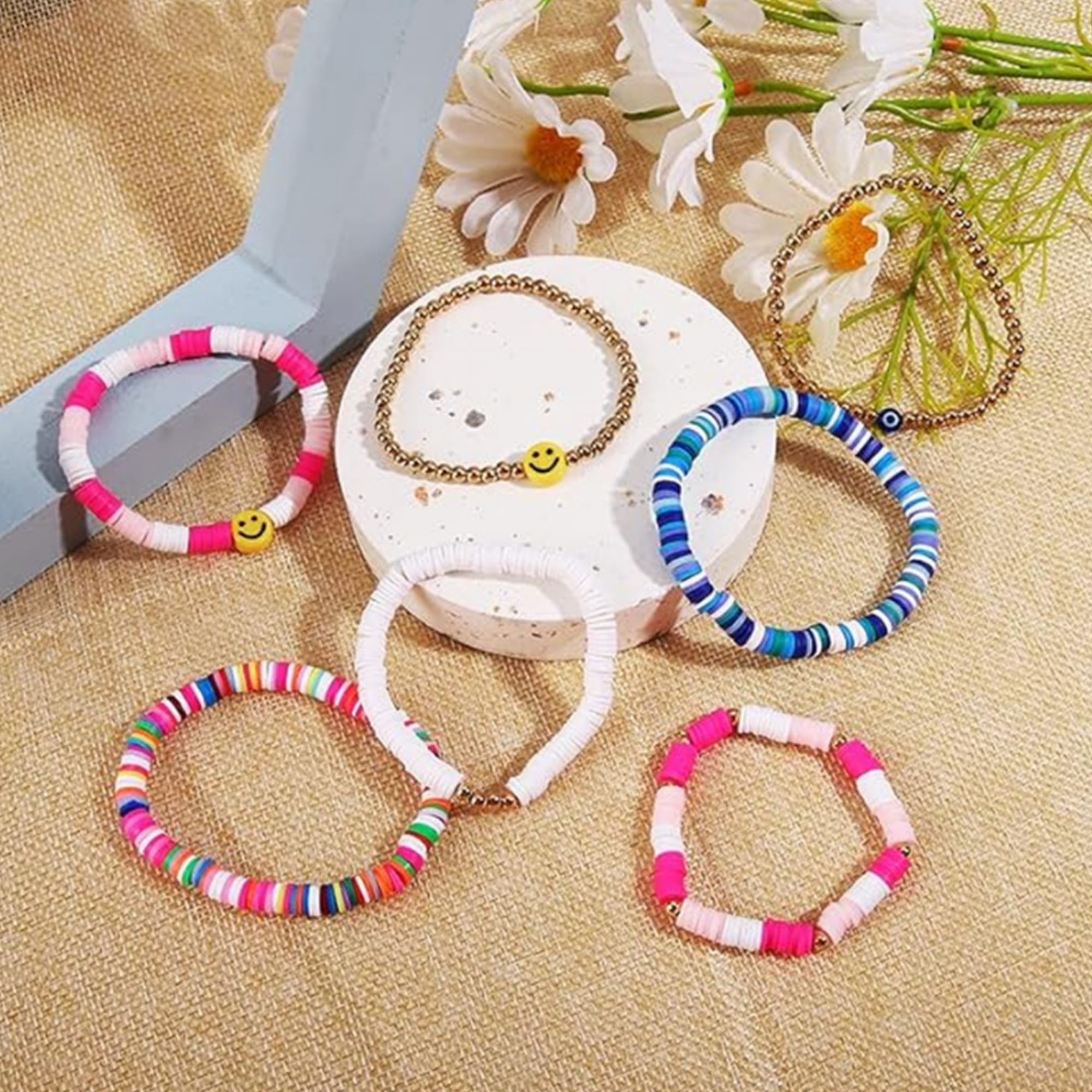 GOVSONE 7Pcs Heishi Surfer Bracelets Preppy Happy Smile GOVSONE 7Pcs Heishi Surfer Bracelets Preppy Happy Smile