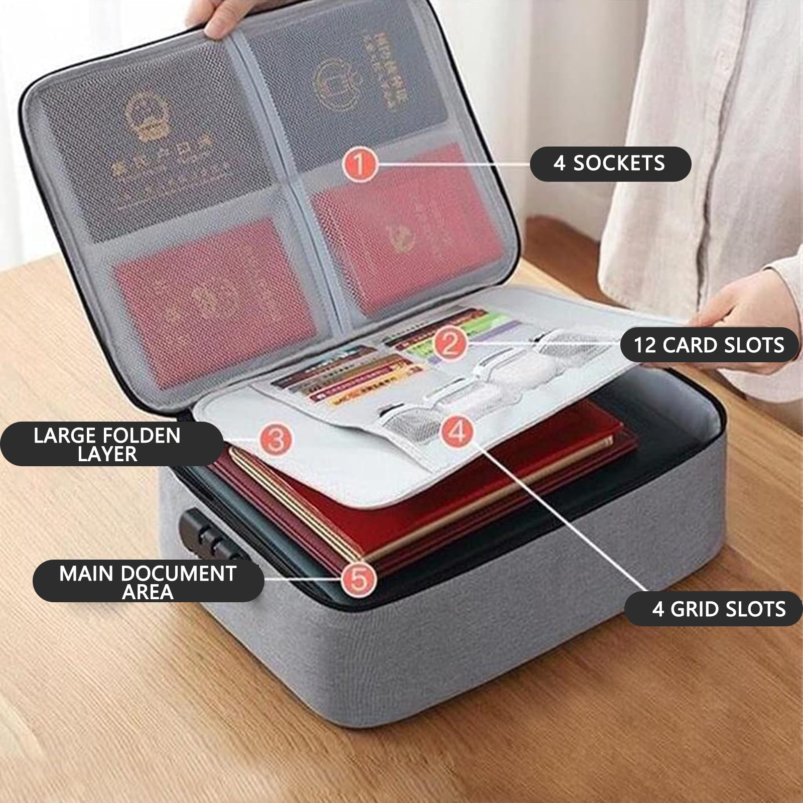 Document Bag with Lock, Fireproof 3-Layer File Storage Case with Water ...