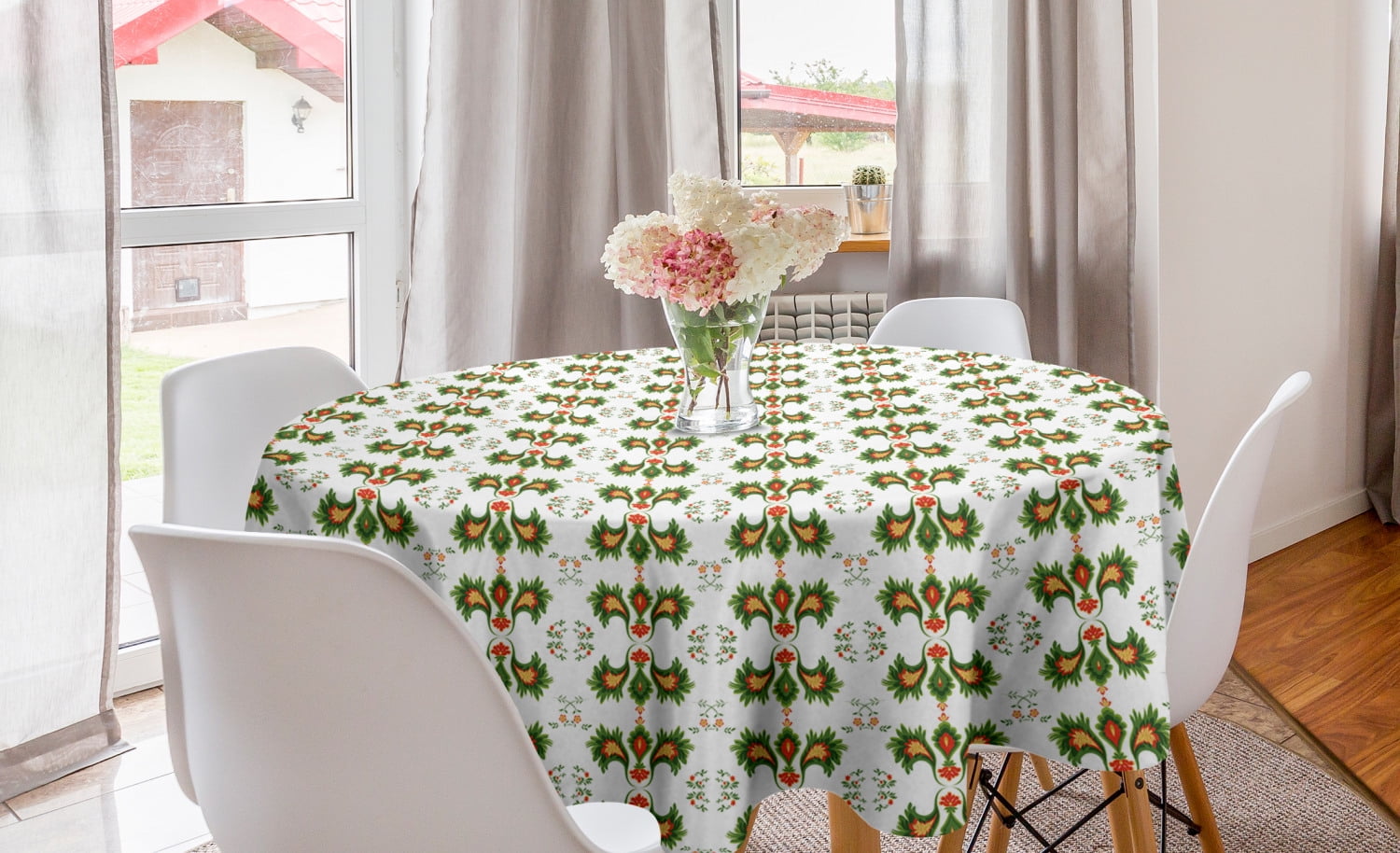 Floral Round Tablecloth, Nature Inspired Pattern with Abstract Motifs ...