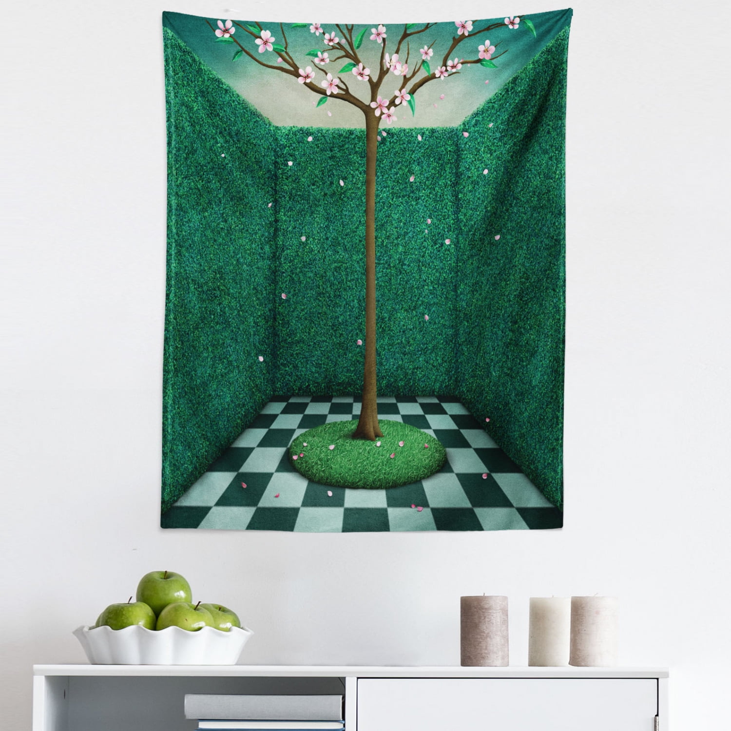 Mural Tapestry, Japanese Pink Cherry Blossom Tree Surrounded by Outdoor ...