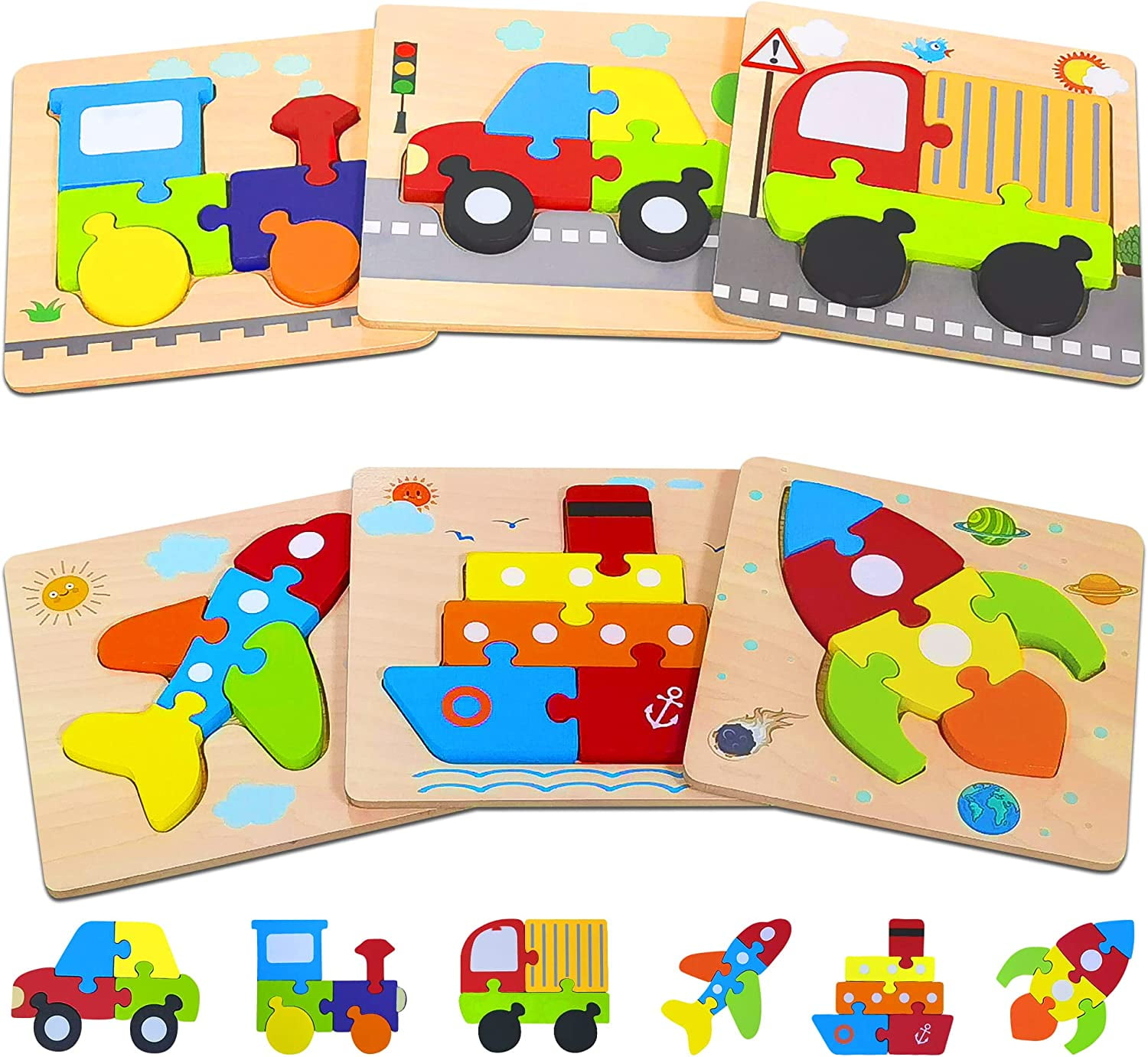 Wooden Toddler Puzzles Gifts Toys, 1 2 3 Yr Old Boy Girl 6 Vehicle ...