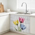 Blue Red Yellow Tulips Cabinet Curtains Country Flowers Wood Grain Sink ...