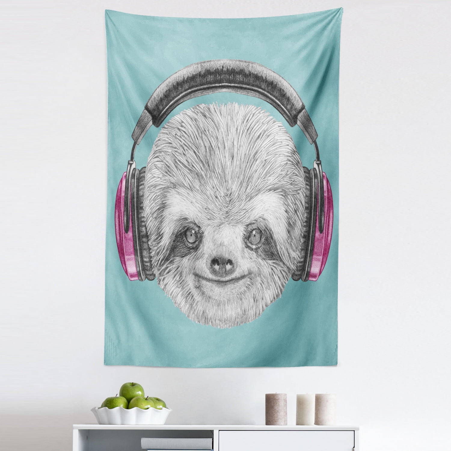 Sloth Tapestry, DJ Animal Portrait Headphones Funny Modern Character ...