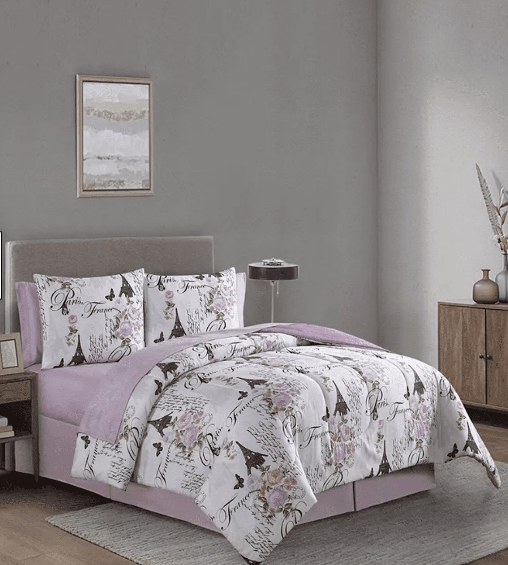 Paris Eiffel Tower Purple Flowers & Postage French Script CAL KING ...