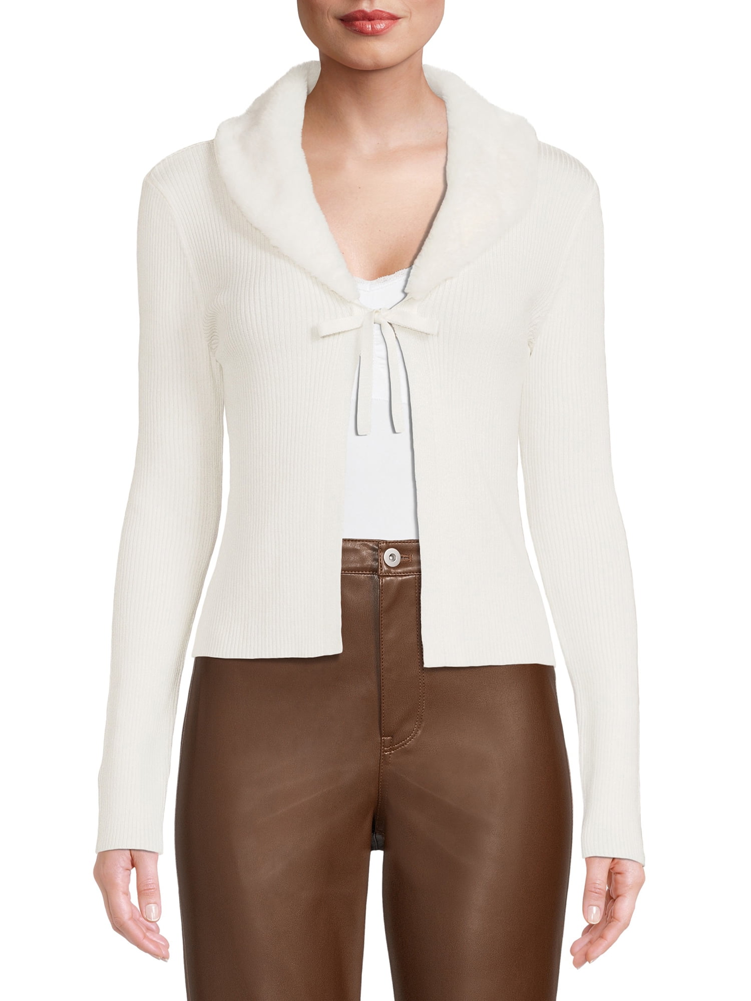 No Boundaries Juniors' Faux Fur Collar Cardigan Sweater - Walmart.com