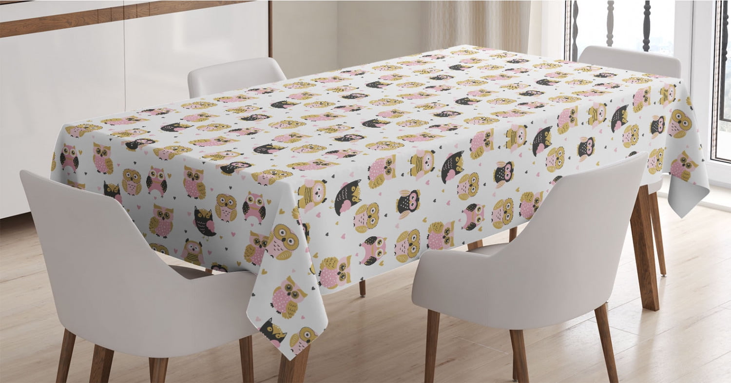 Cartoon Tablecloth, Funny Owls Nocturnal Forest Animals in Hearts Spots ...