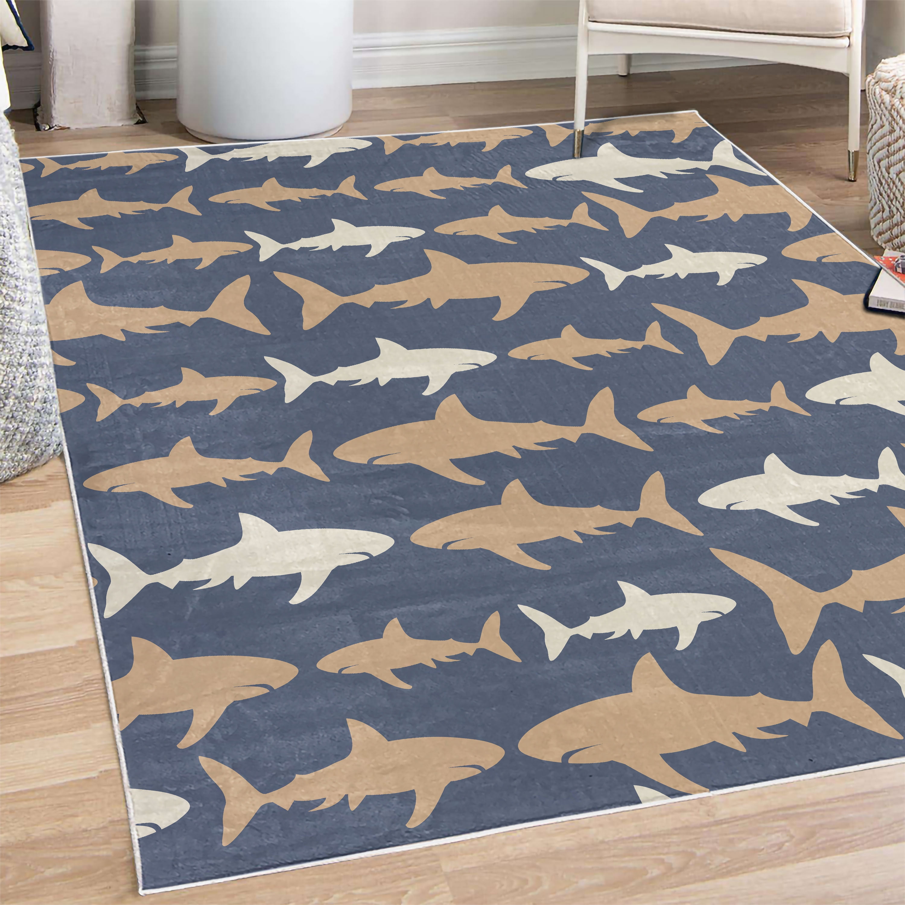 Sea Animals Decorative Rug, Monochrome Shark Illustration Fashion ...