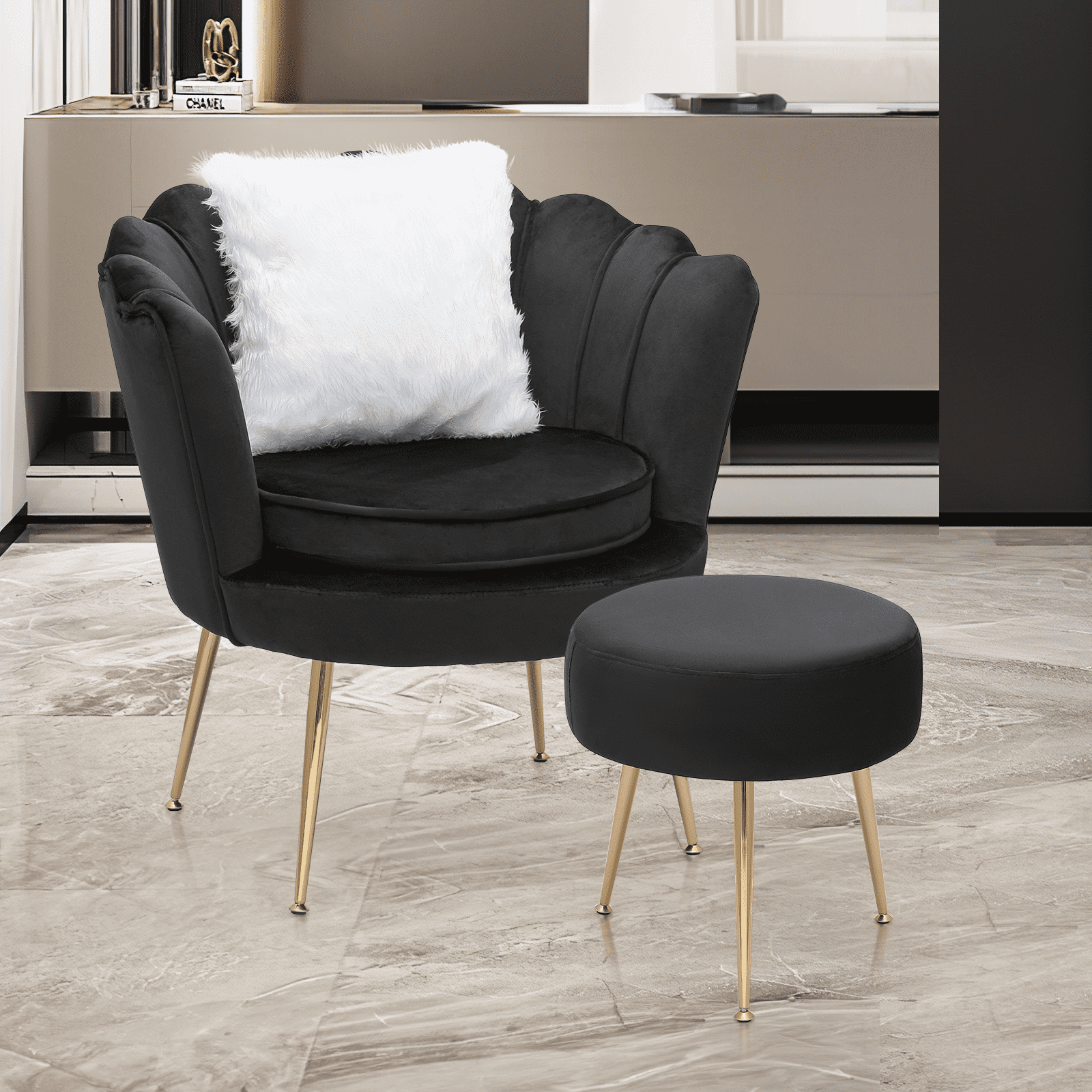 Black velvet shell chair store