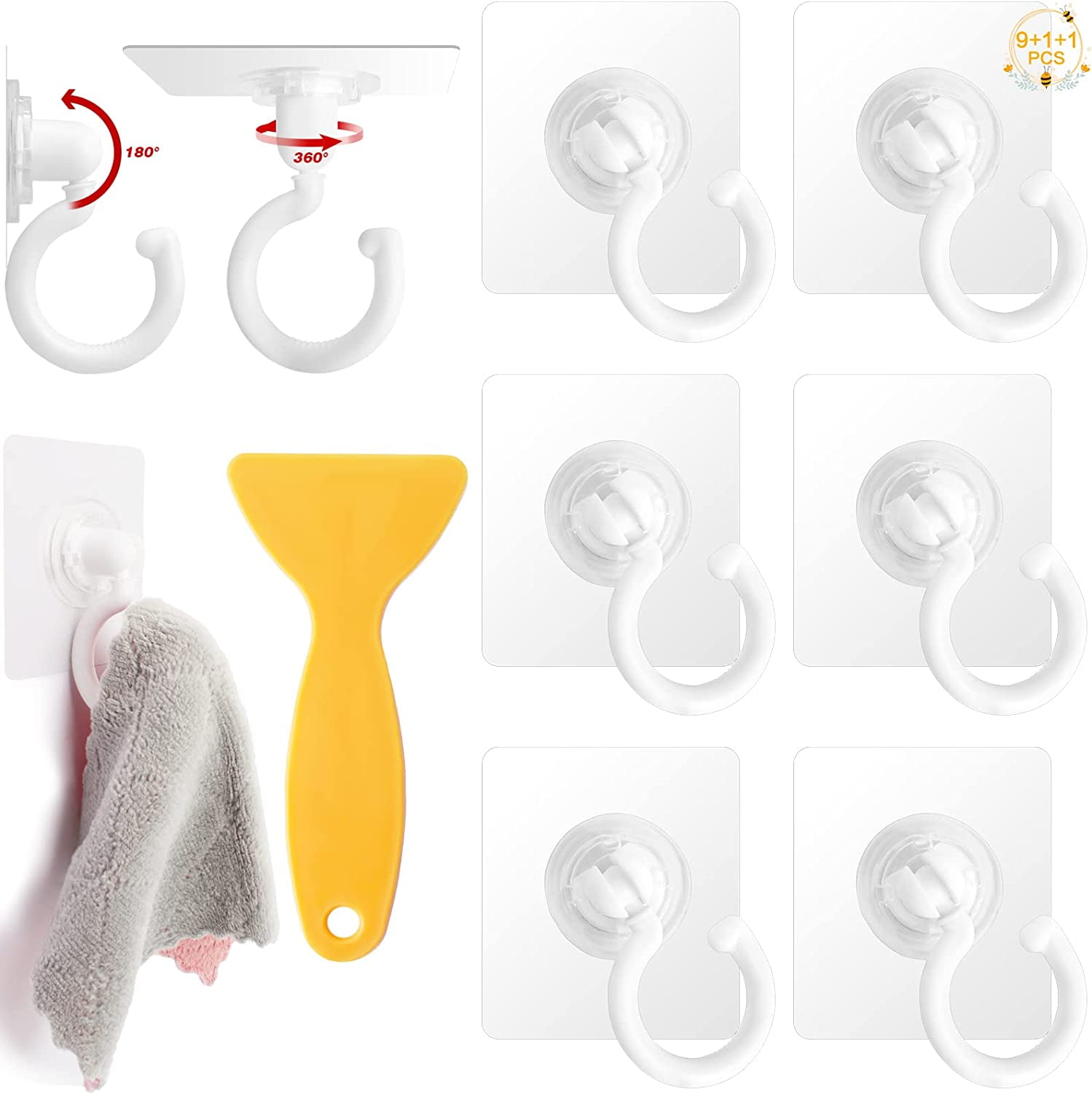 9 PCS Self Adhesive Hooks, 360°Rotating Ceiling Hook Seamless Hooks ...