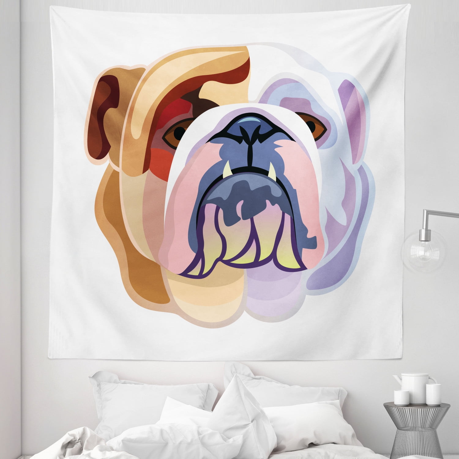 English Bulldog Tapestry, Bicolor Cartoon Style Bulldog Portrait ...
