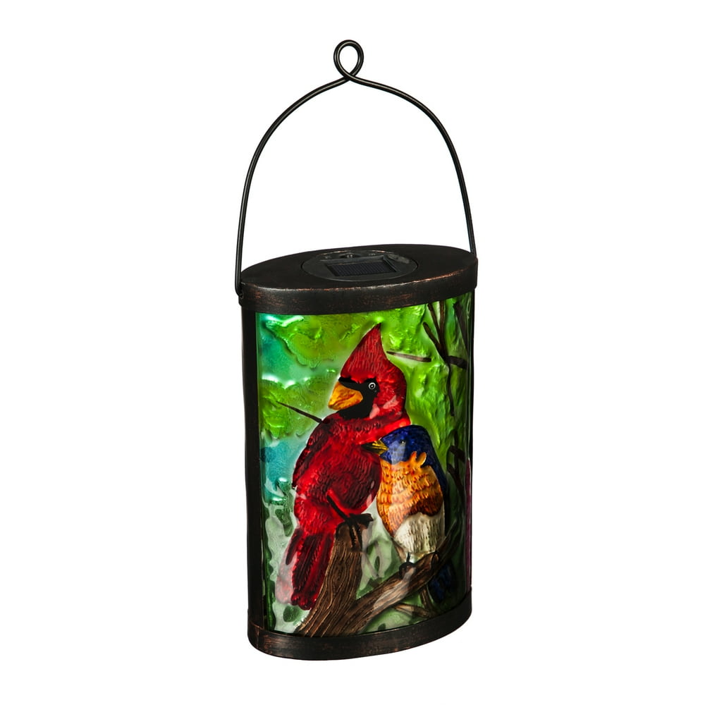 Evergreen Hand Painted Solar Glass Lantern, Cardinal and Blue Bird, 5.9 ...