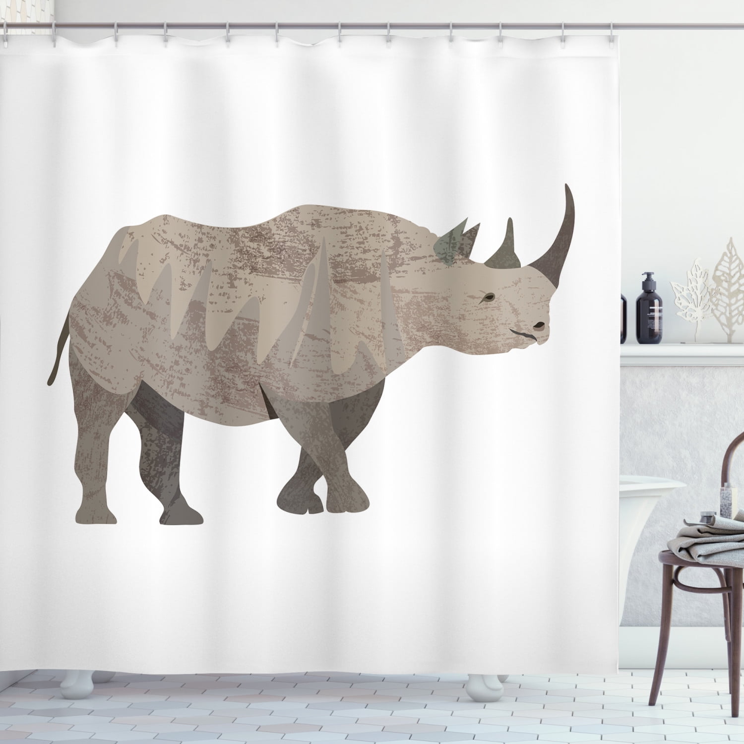 Rhino Shower Curtain, Watercolor Detailed Rhinoceros in Profile View ...