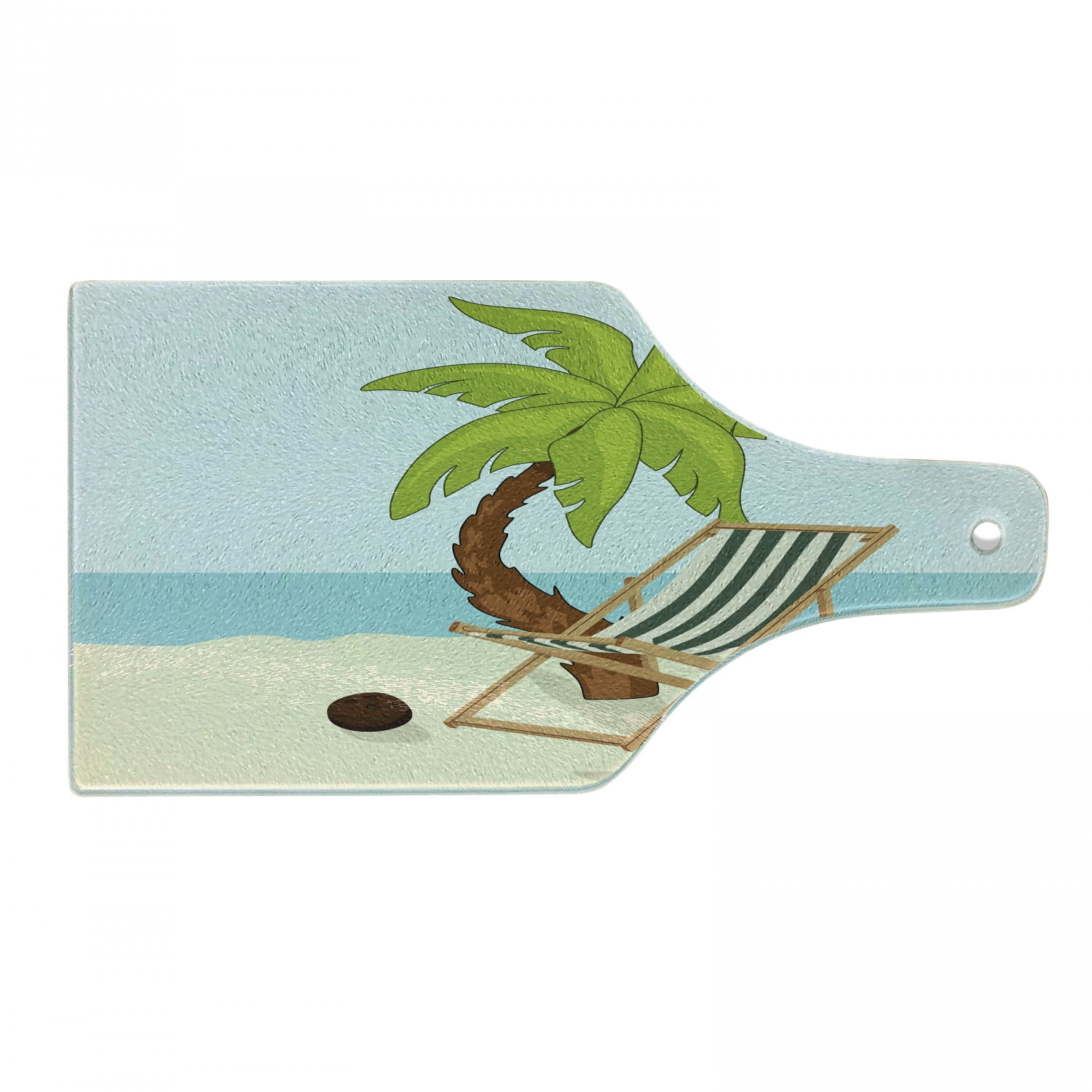 Beach Cutting Board, Cartoon Style Drawing Palm Tree Coconut and Sunbed on Sand Summer Season ...