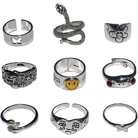 9pcs Indie Rings Chunky Frog Mushroom Snake Butterfly Heart Smiley Face ...
