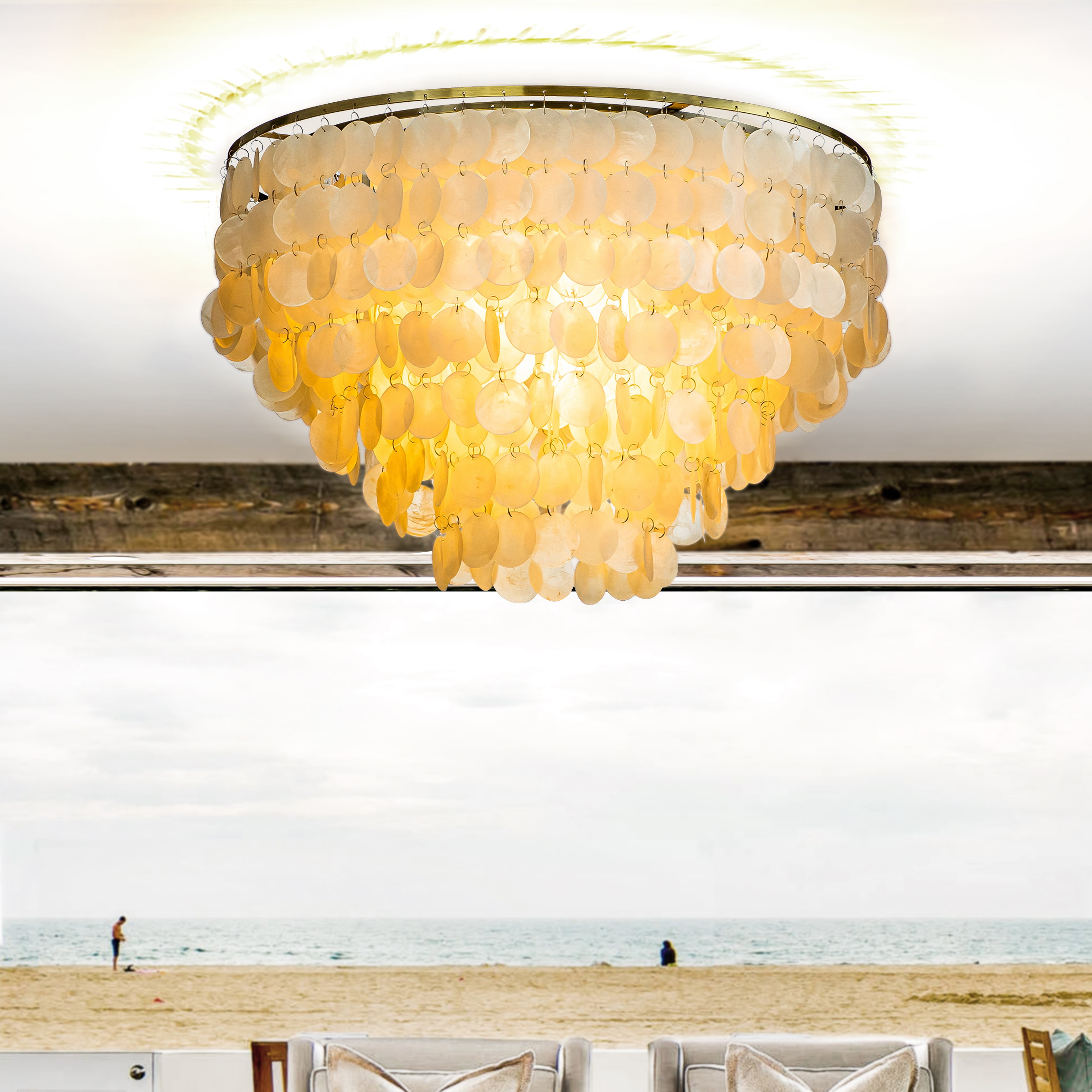 6-Light Coastal Natural Capiz Shell Tiered Flush Mount Ceiling LIght ...