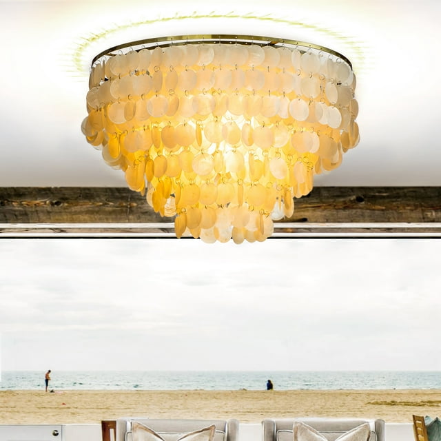 6-Light Coastal Natural Capiz Shell Tiered Flush Mount Ceiling LIght ...