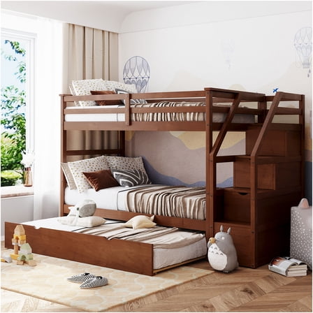 Gray Triple Bunk Bed: Full Over Twin & Twin, Pine Wood Frame, with ...