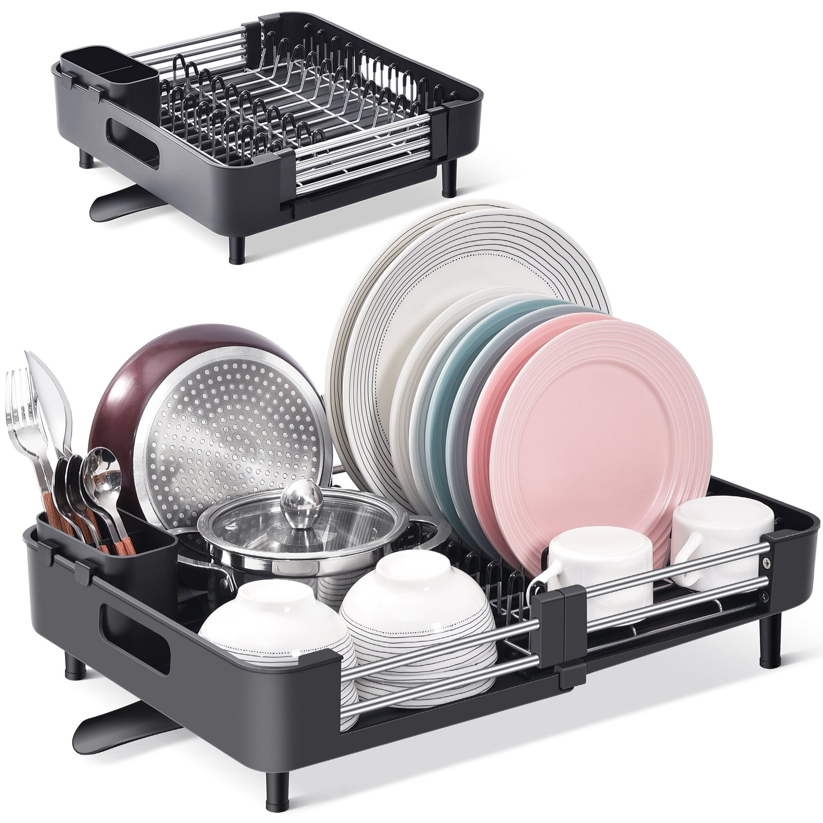 Kingrack Drying Dish Rack  Expandable Dish Rack With Drainage Spout  Black Assembled Size: 13.11*14.49*5.20 Inch