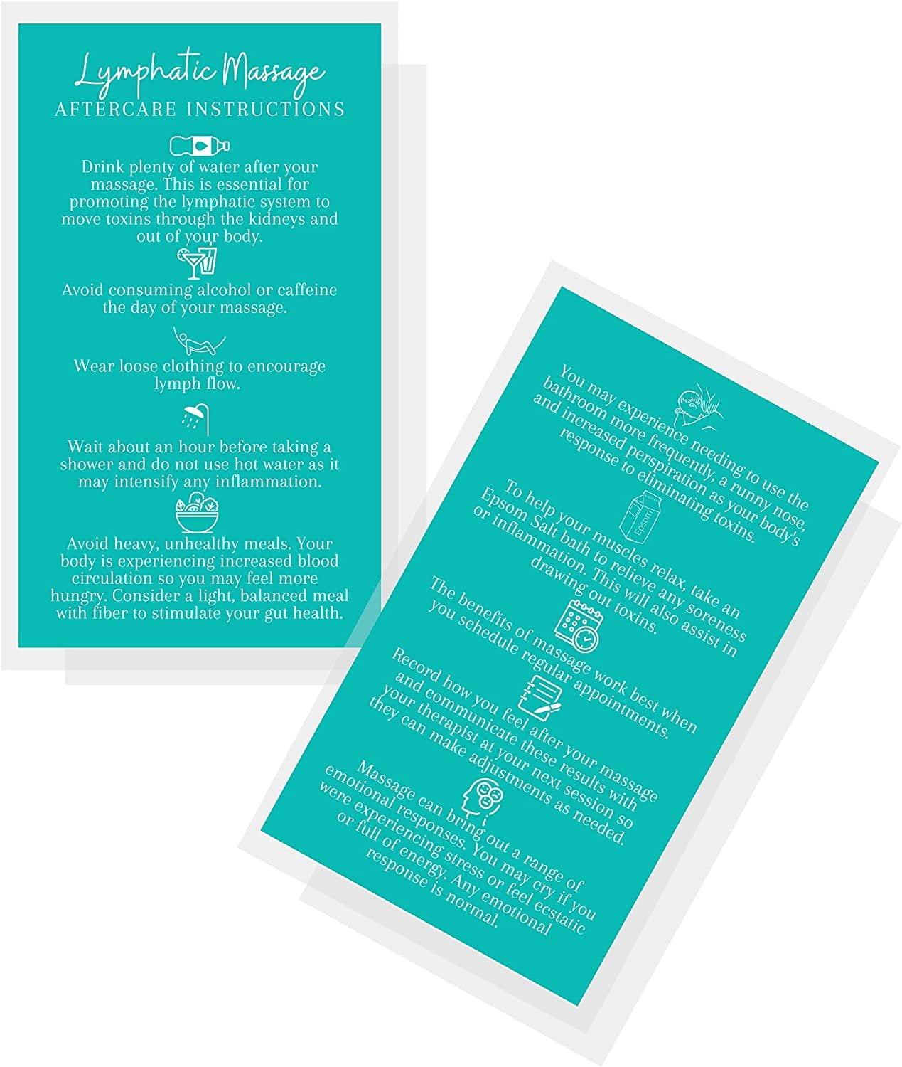 Lymphatic Massage Therapy Aftercare Cards 50 Pack Size 2x3.5" inch ...