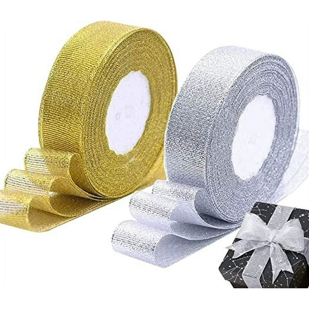 SHENMO 2 rolls of 25 wide glitter ribbons (2 cm gold, silver) ribbons ...
