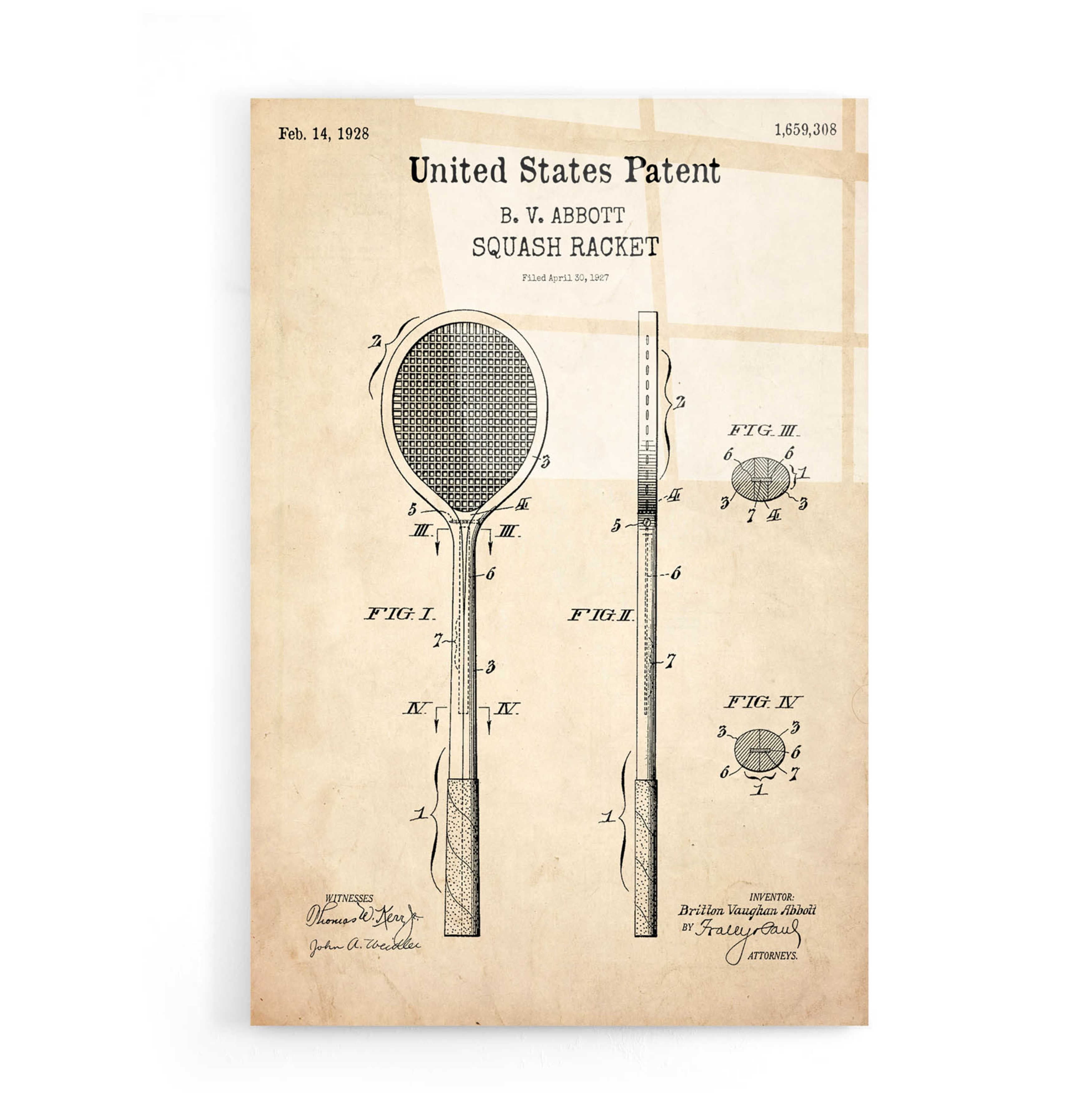 Epic Art 'Squash Racket Blueprint Patent Parchment,' Acrylic Glass Wall ...