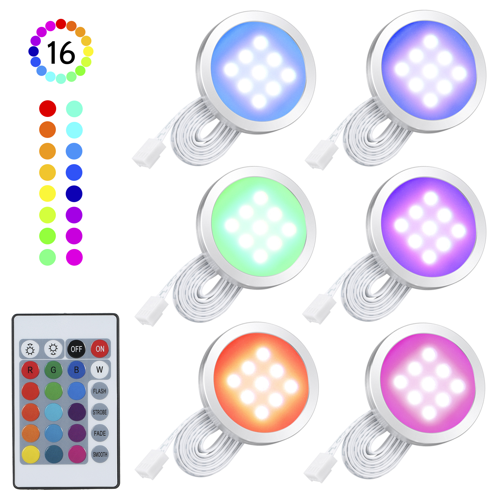 6PCS Slim Round Shape RGB LED Under Cabinet Light Kit SMD5050 Puck Lamp ...