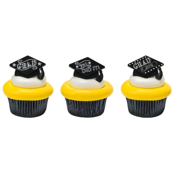 24pack Black Grad Cap Cupcake / Desert / Food Decoration Topper Rings ...