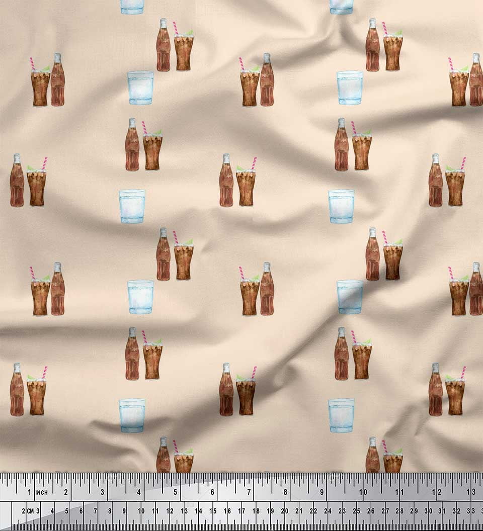 Soimoi White Modal Satin Fabric Bottle & Glass Kitchen Print Fabric by ...