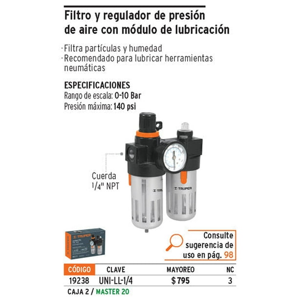 Filtro y regulador de aire con módulo de lubricación Truper Filtro y regulador de aire con ...