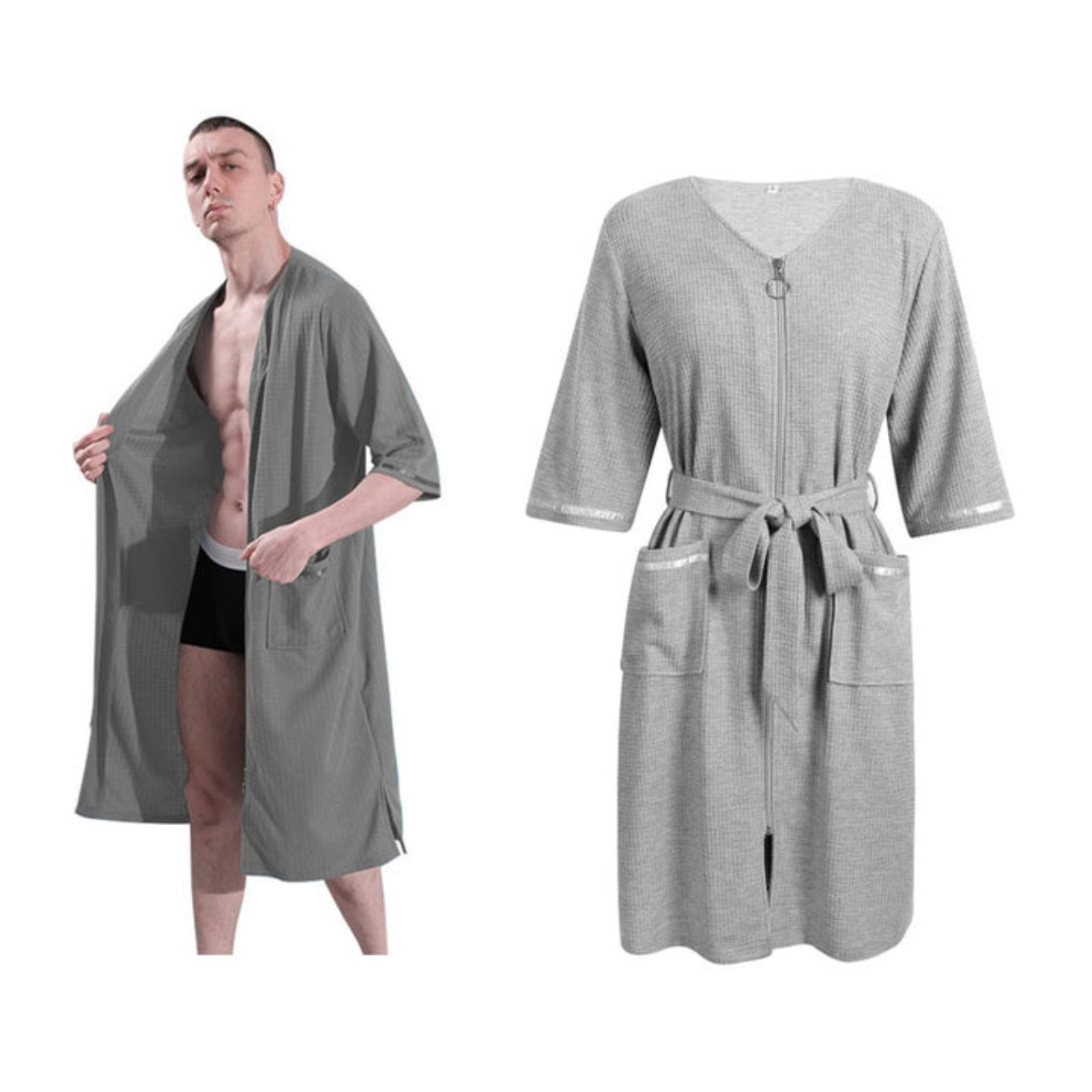 EFINNY Men's Zipper Robe 3/4 Sleeve House Wear Knee Length Sleepwear ...