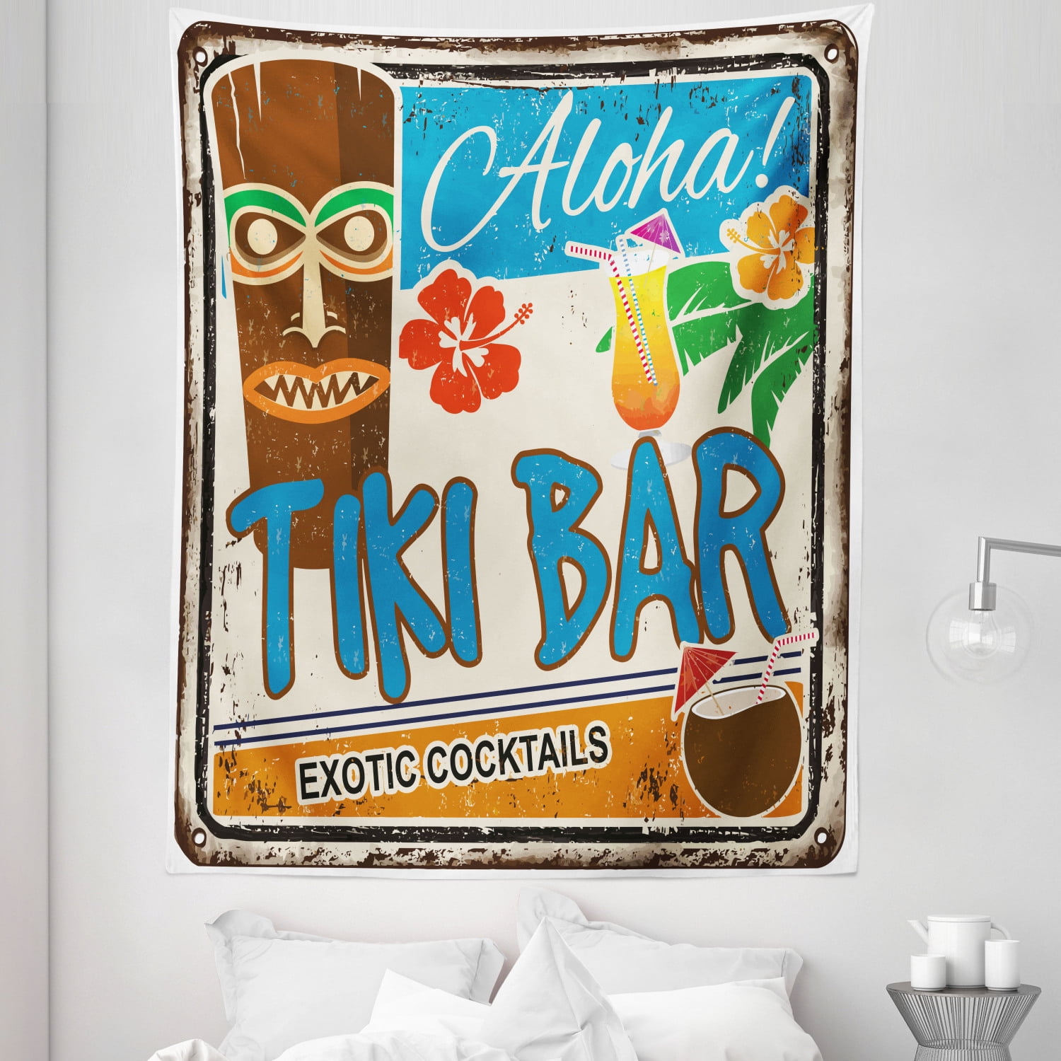 Tiki Bar Tapestry, Rusty Vintage Sign Aloha Exotic Cocktails and ...
