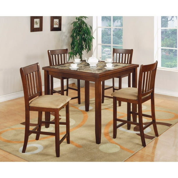 Stylish 5 Piece Counter Height Dining Set With Marble Top, Brown ...