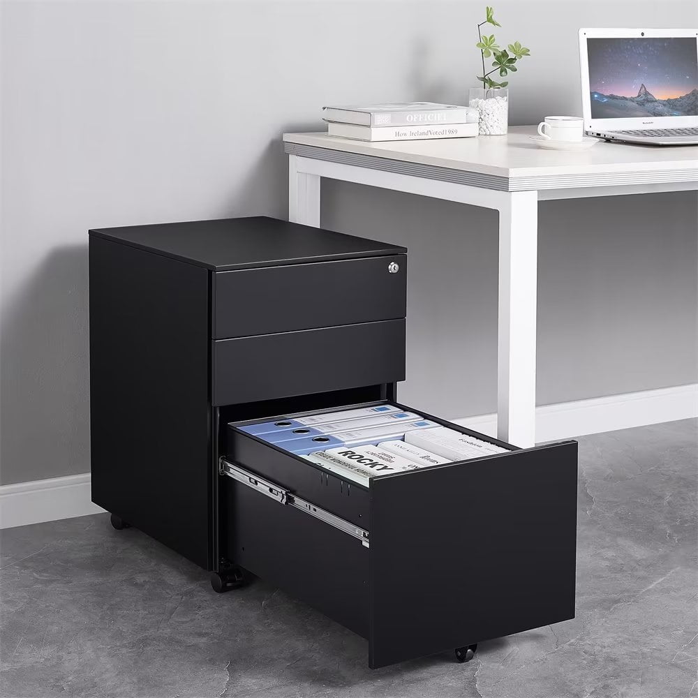 3 Drawer Mobile File Cabinet with Lock, Metal Filing Cabinet with ...