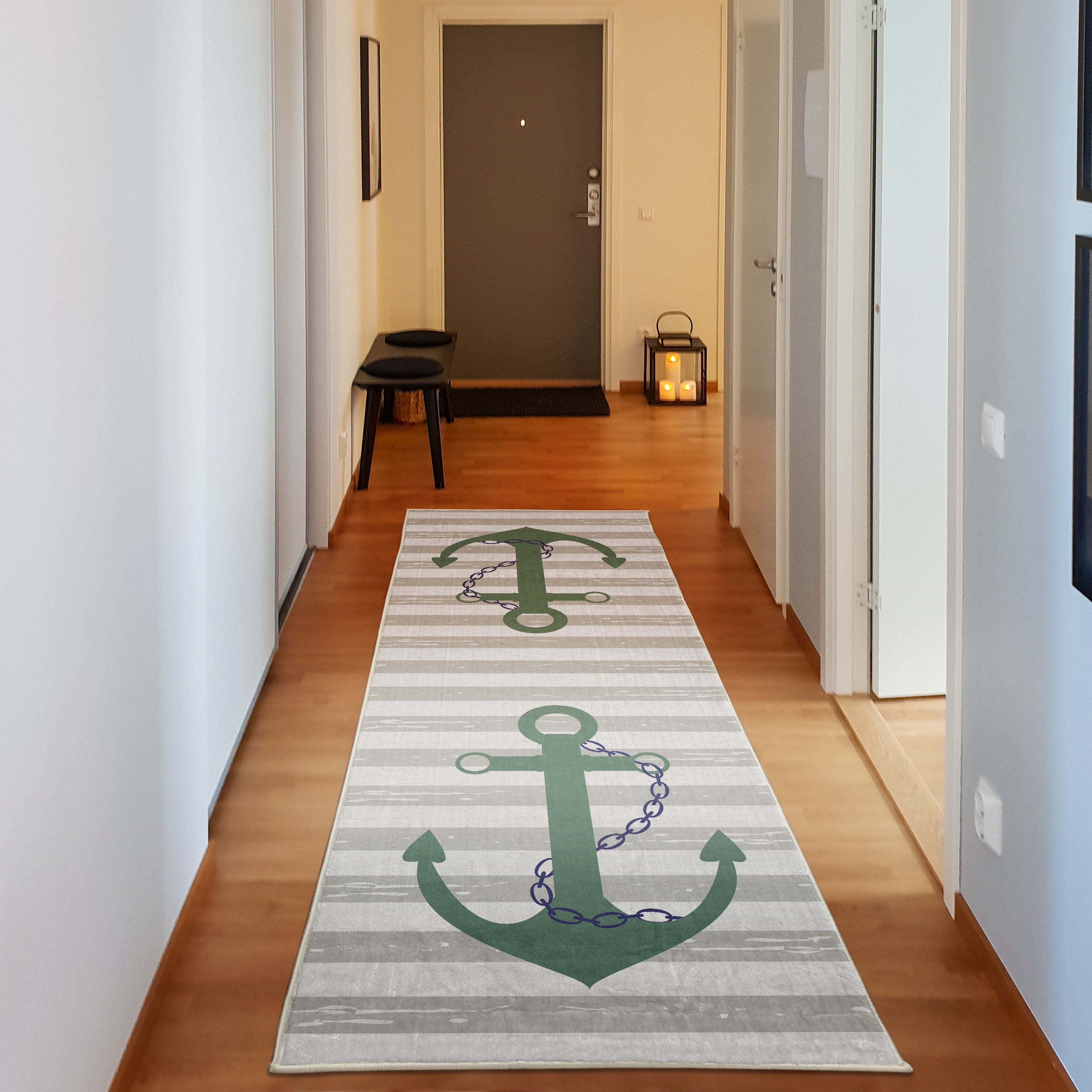 Striped Decorative Rug, Ship Anchor Chain Marine Life Inspired Lines ...