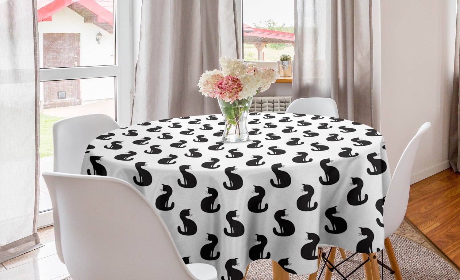 Cat Round Tablecloth, Silhouette of a Kitten Monochrome Feline Pattern ...