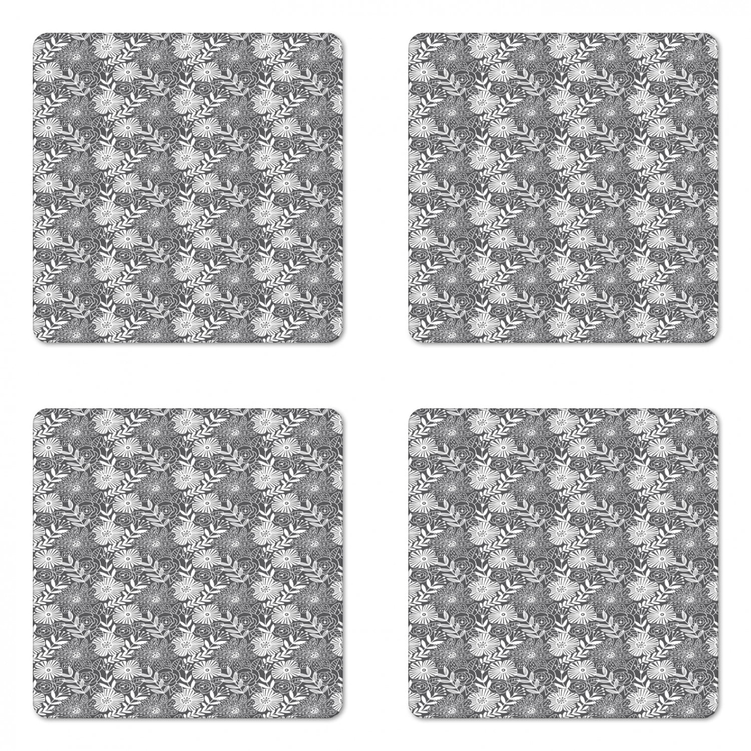 Flower Coaster Set of 4, Abstract Outline Style Continuous Floral ...