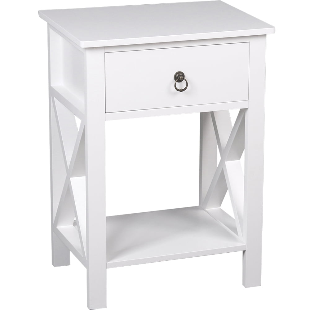 2-Tier Nightstand with 1 Drawer and Storage Shelf, Bedroom Bedside ...