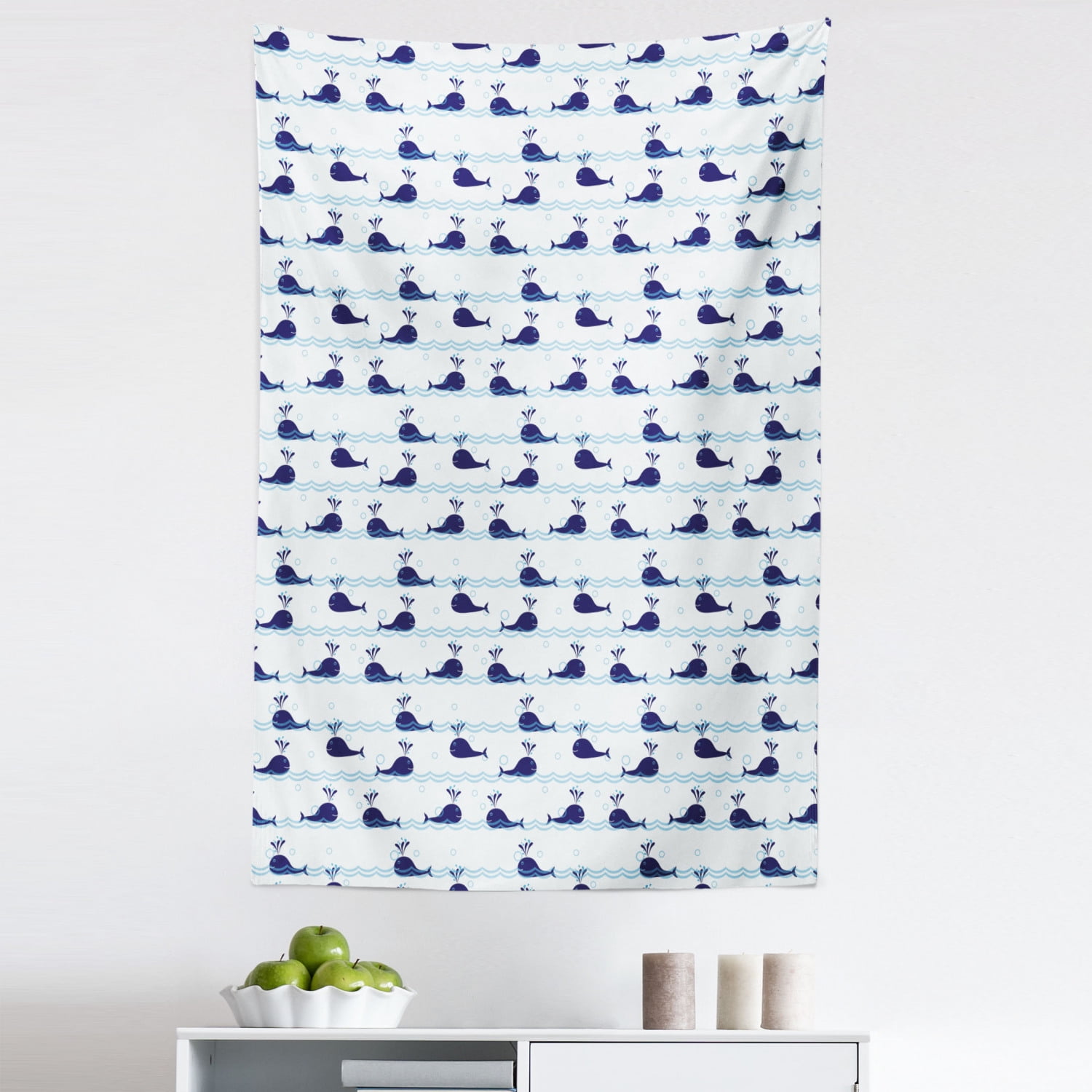 Whale Tapestry, Horizontal Ocean Waves with Blue Fishes Animals of Sea ...