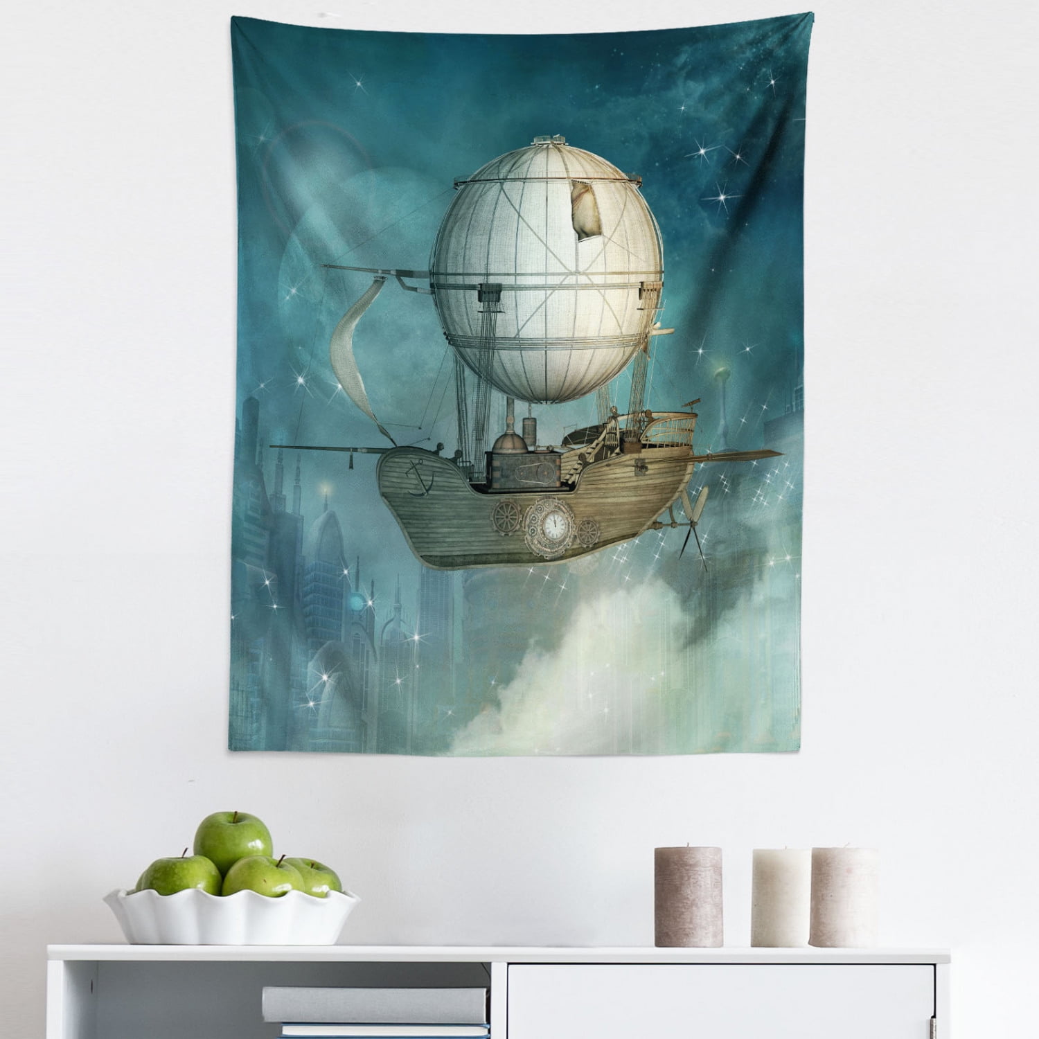 Steampunk Tapestry, Airship Flying over a Futuristic Town Full of ...