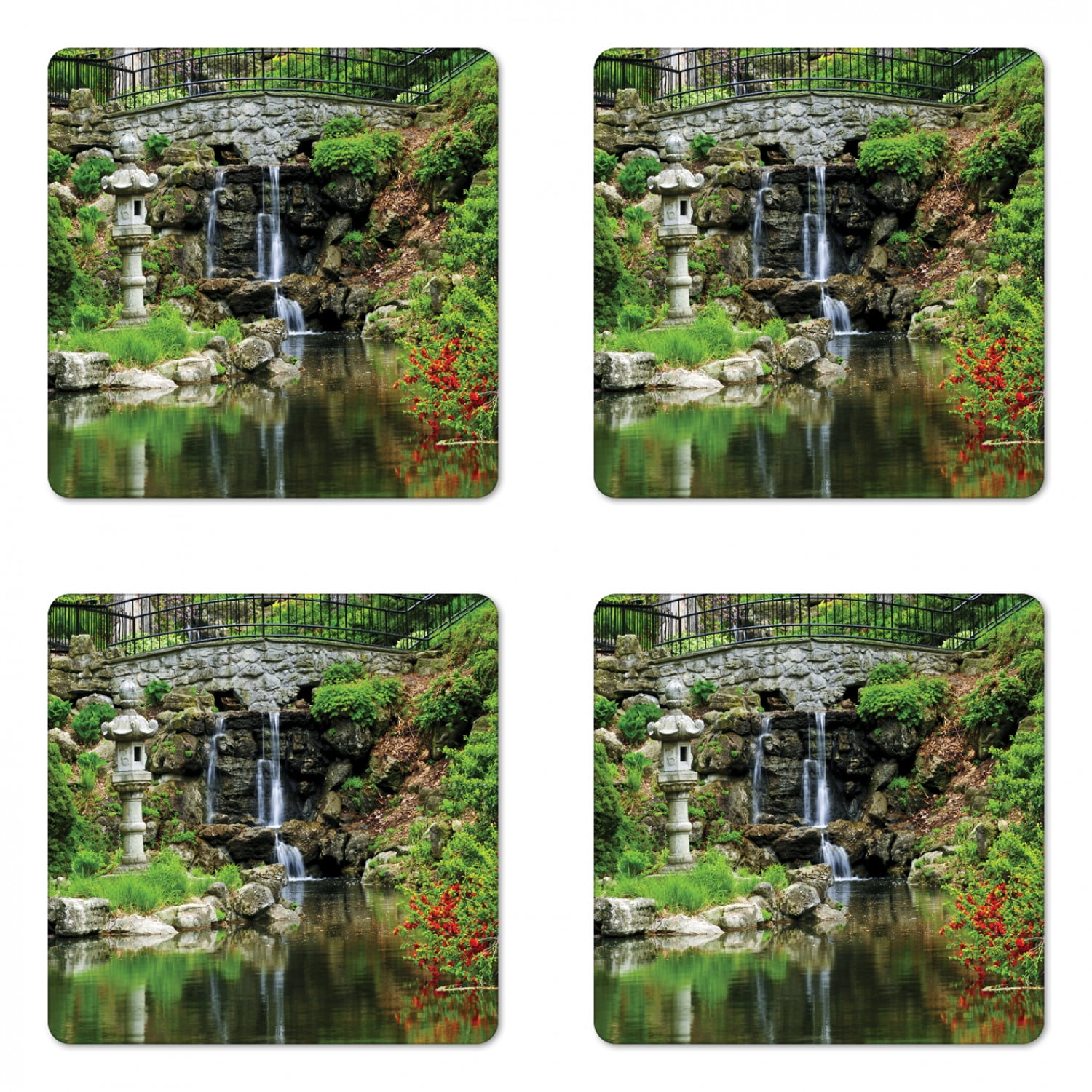Japanese Coaster Set of 4, Cascading Waterfall Pond Under Bridge ...