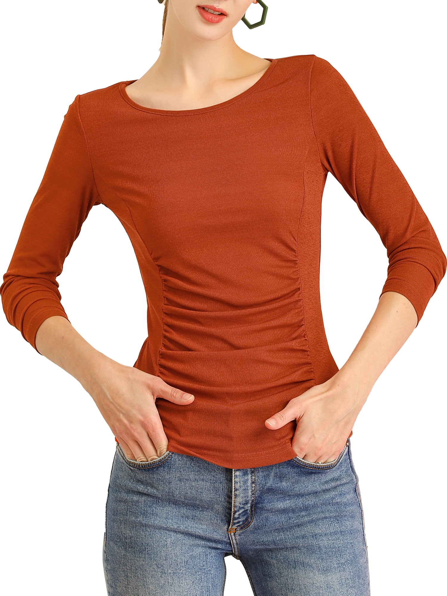 Allegra K Women's Solid Crew Neck Long Sleeve Ruched Stretchy Tops ...