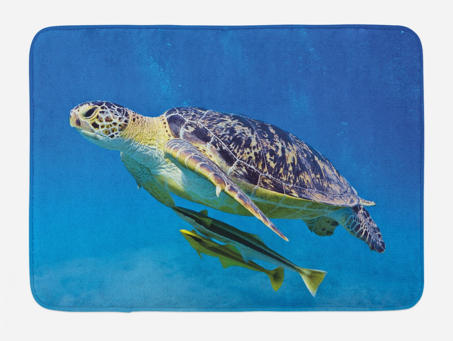 Turtle Bath Mat, Cute Angry Looking Sea Turtle Swimming with Remora ...