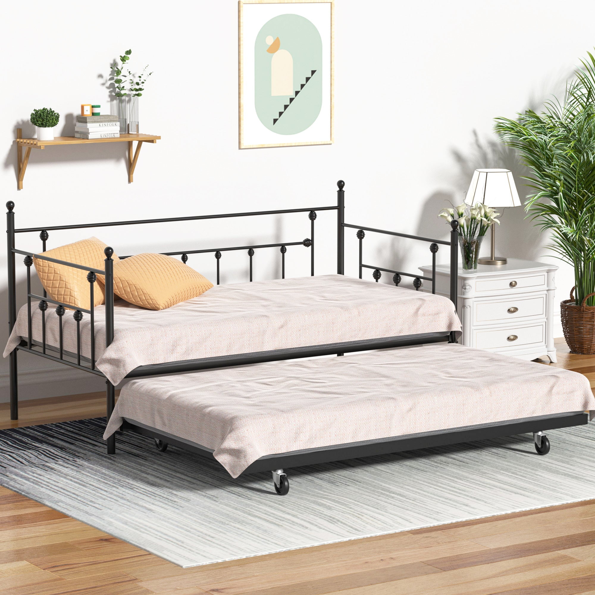 VECELO Twin Size Metal Frame Daybed with Pullout Trundle, Heavy Duty ...