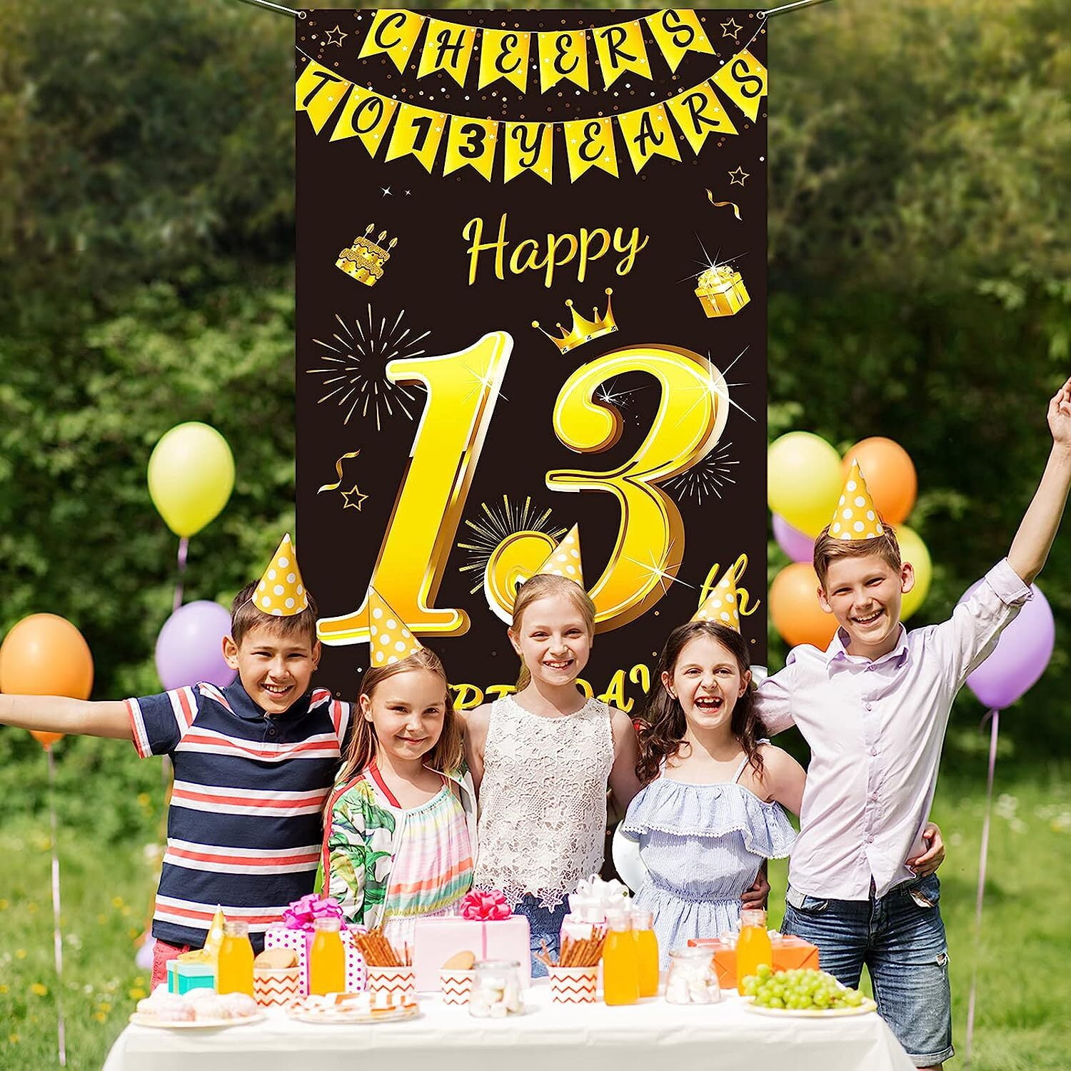 DPKOW Black Gold 13th Birthday Decoration for Men Women, Black Gold 13th Birthday Banner for ...